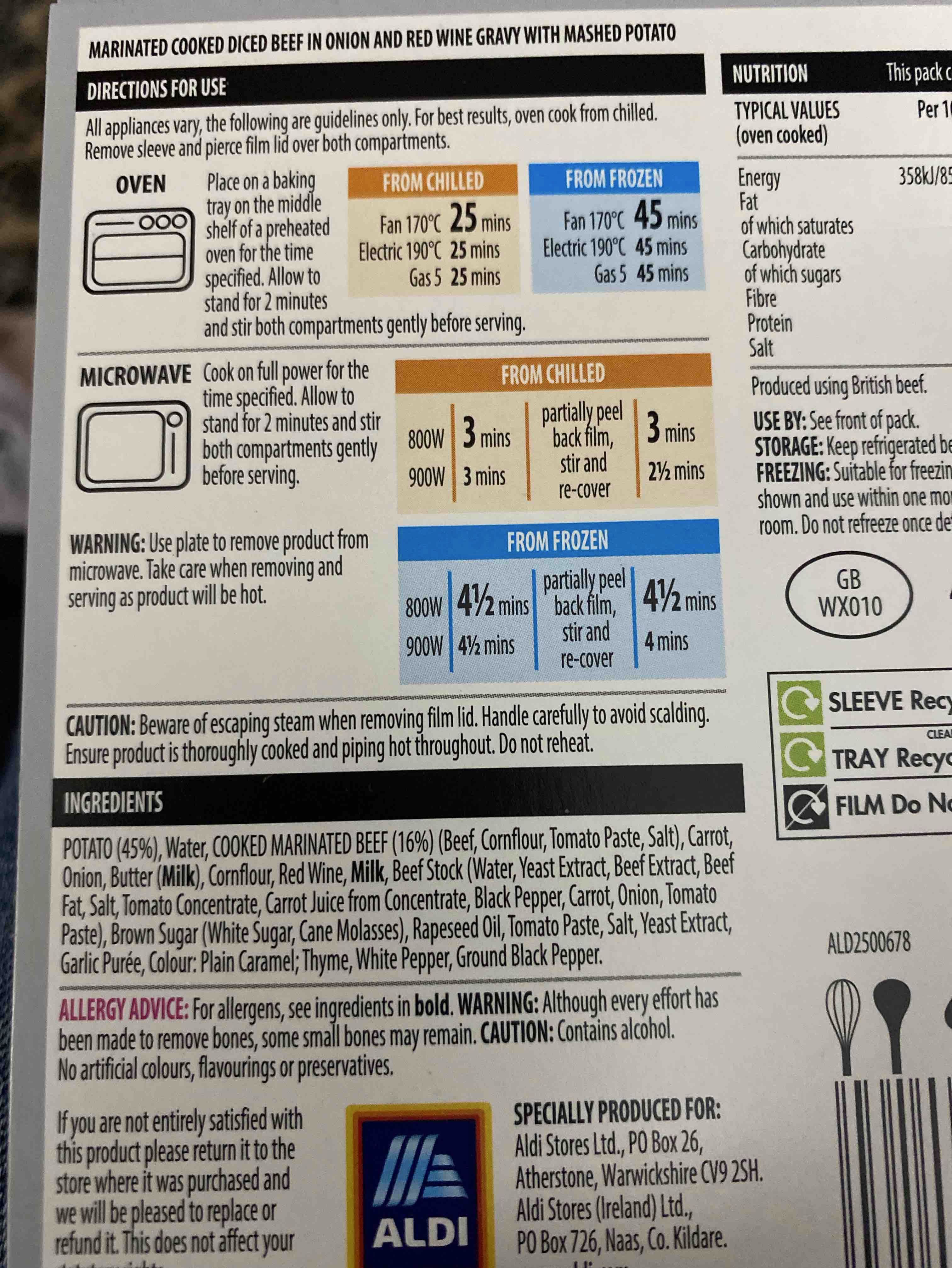 Aldi MARINATED COOKED DICED BEEF IN ONION AND RED WINE GRAVY WITH ...