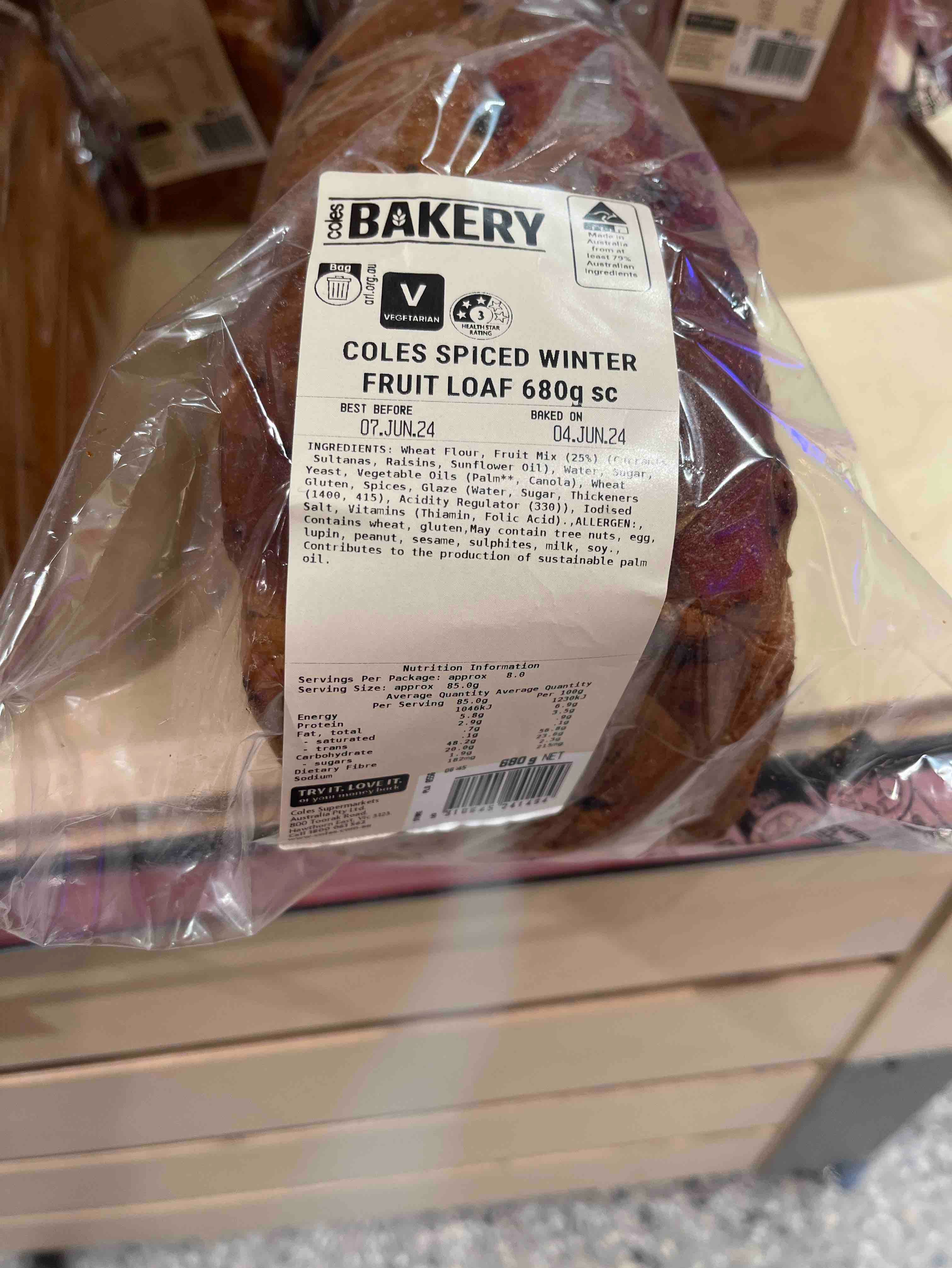 Check Halal status of COLES bakery SPICED WINTER FRUIT LOAF 680g, Install Mustakshif