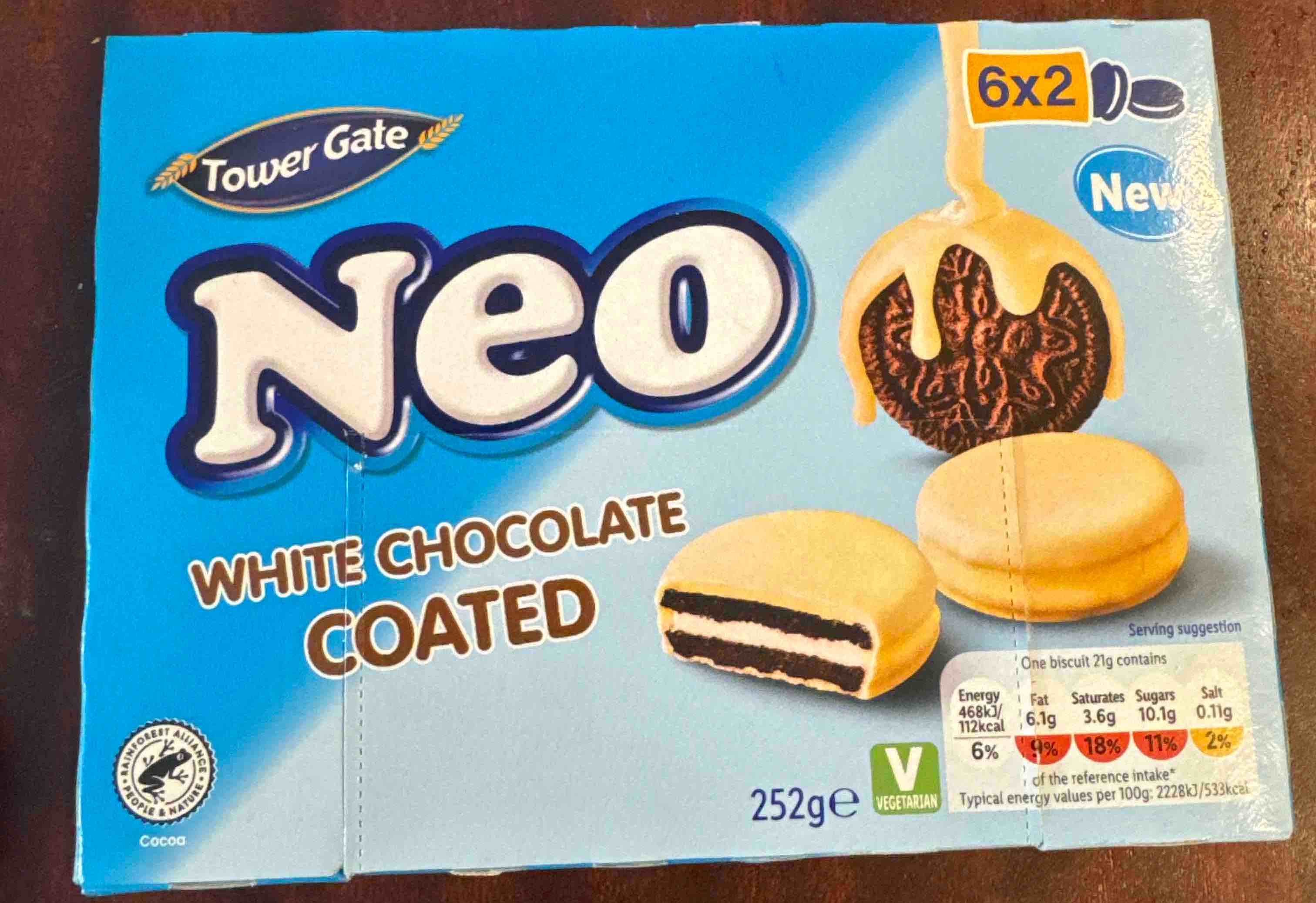 Tower Gate Chocolate flavoured biscuits with filling coated in white ...