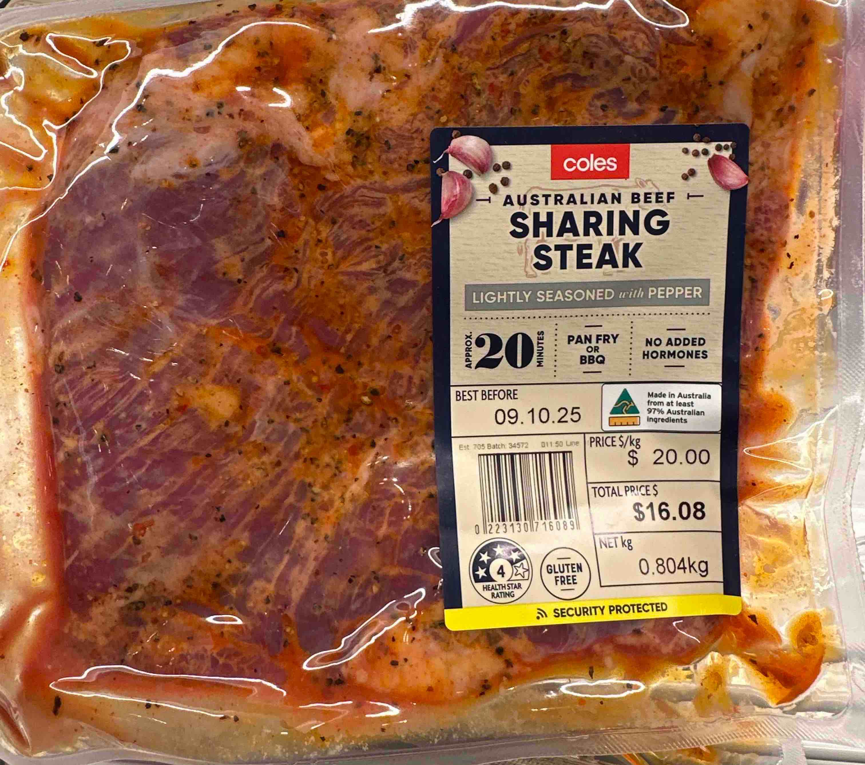 Coles Australian Beef Sharing Steak Lightly Seasoned Pepper 0.804kg is ...