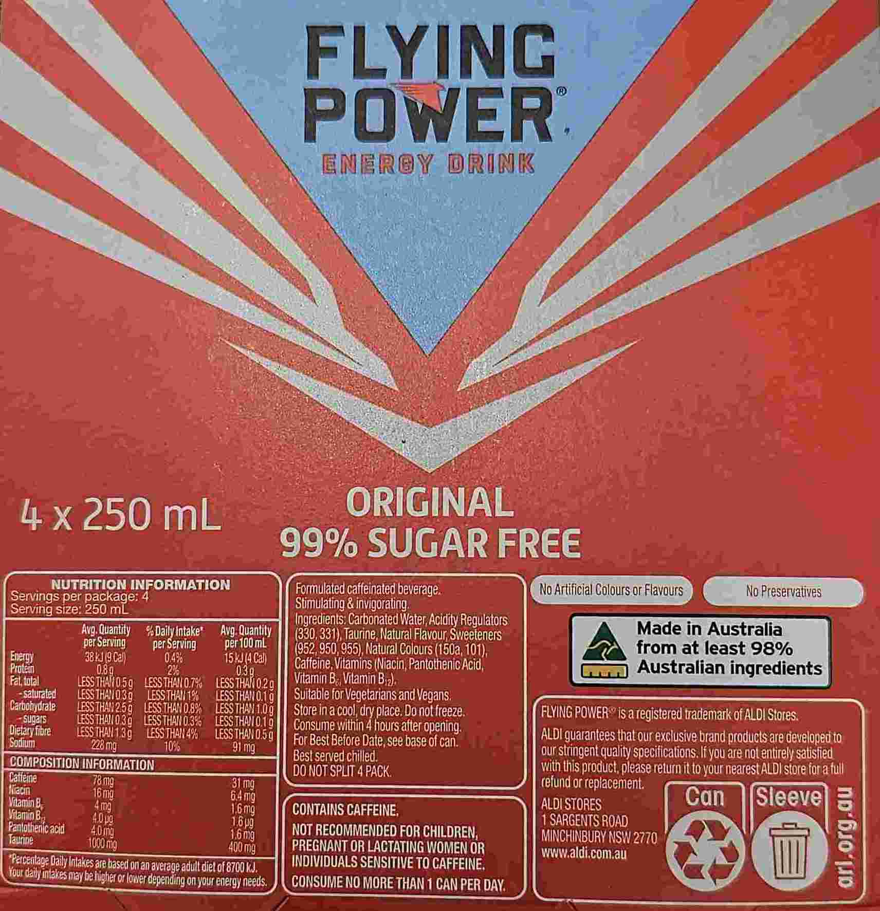 FLYING POWER ENERGY DRINK SUGAR FREE 4*250ml is Halal, Install Mustakshif