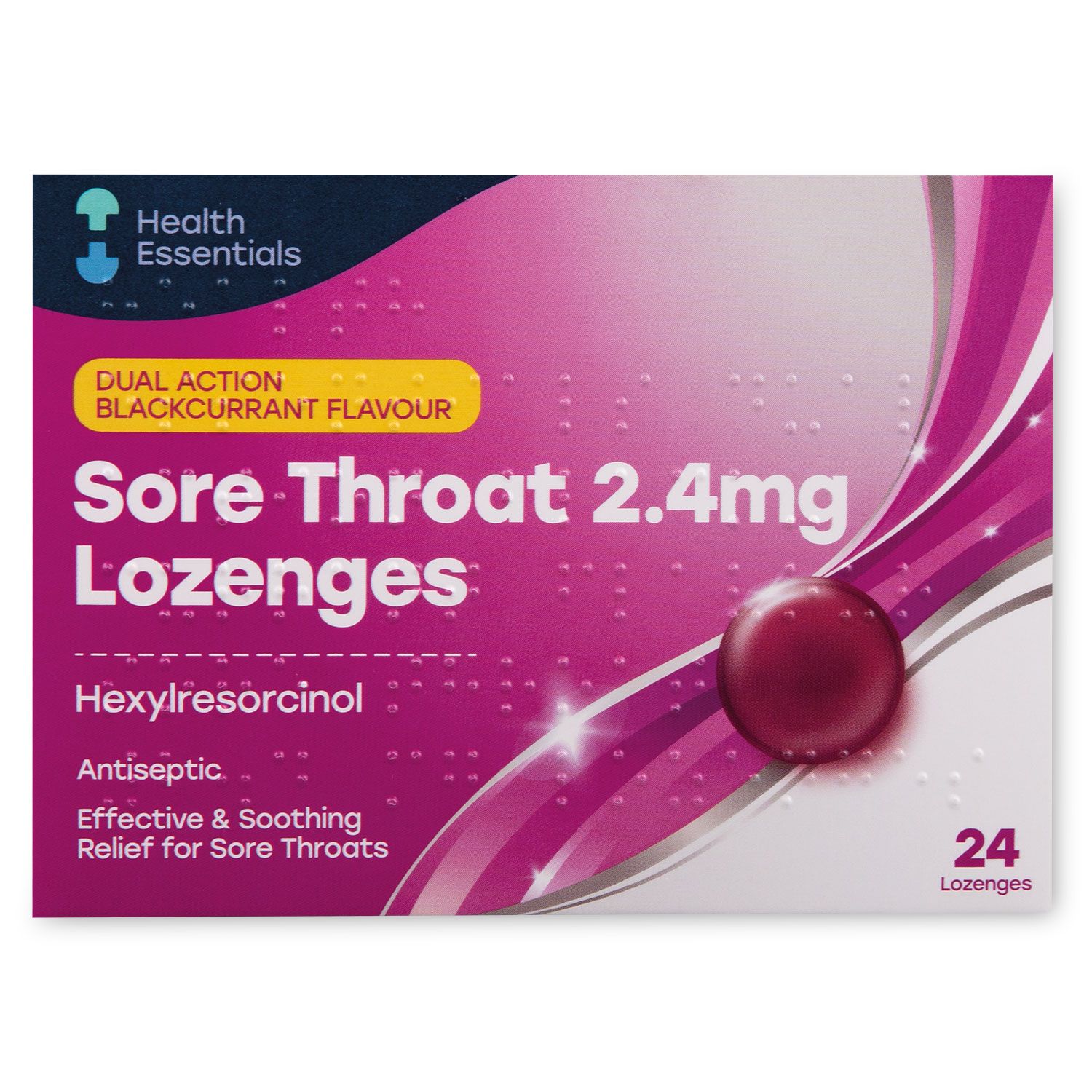 Health Essentials Dual Action Blackcurrant Flavour Sore Throat 2.4mg ...