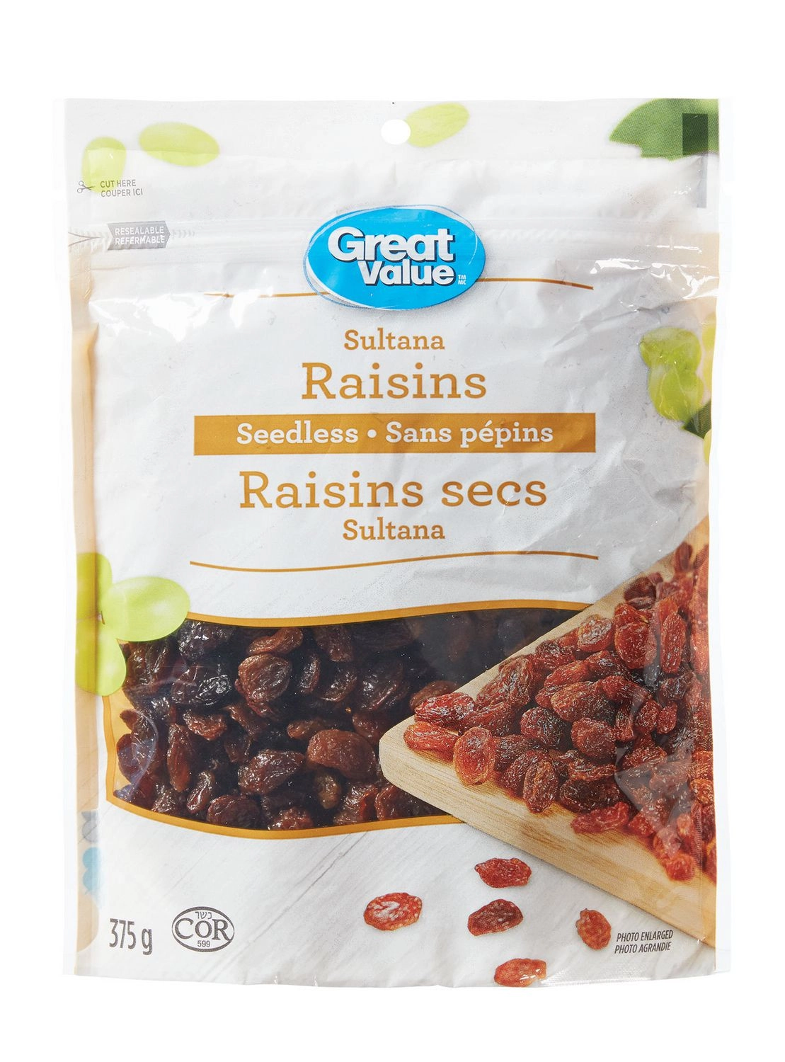Check Halal, kosher status of Great Value Seedless Sultana Raisins 375g ...