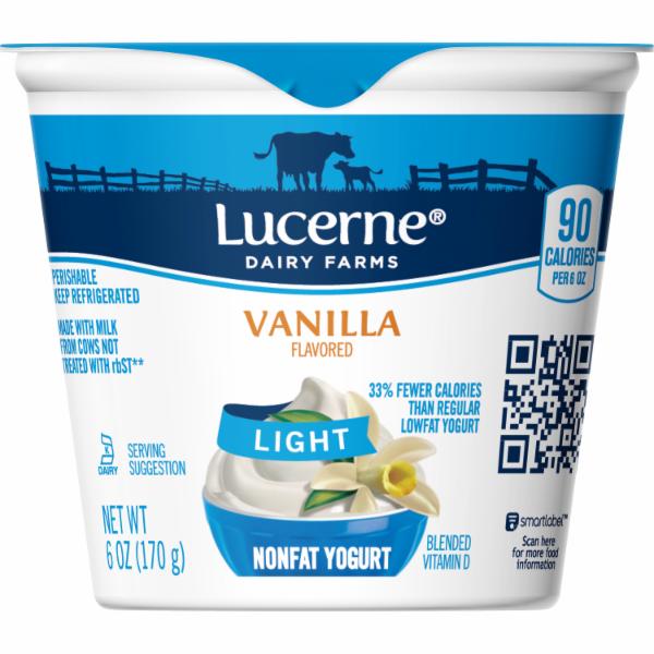 Lucerne Dairy Farms Light Nonfat Yogurt, Vanilla NET WT 6 OZ (170 g) is ...