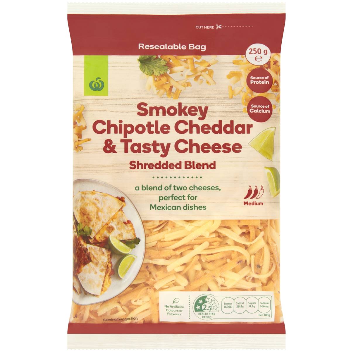 Woolworths Smokey Chipotle Cheddar & Tasty Cheese Shredded Blend 250g ...